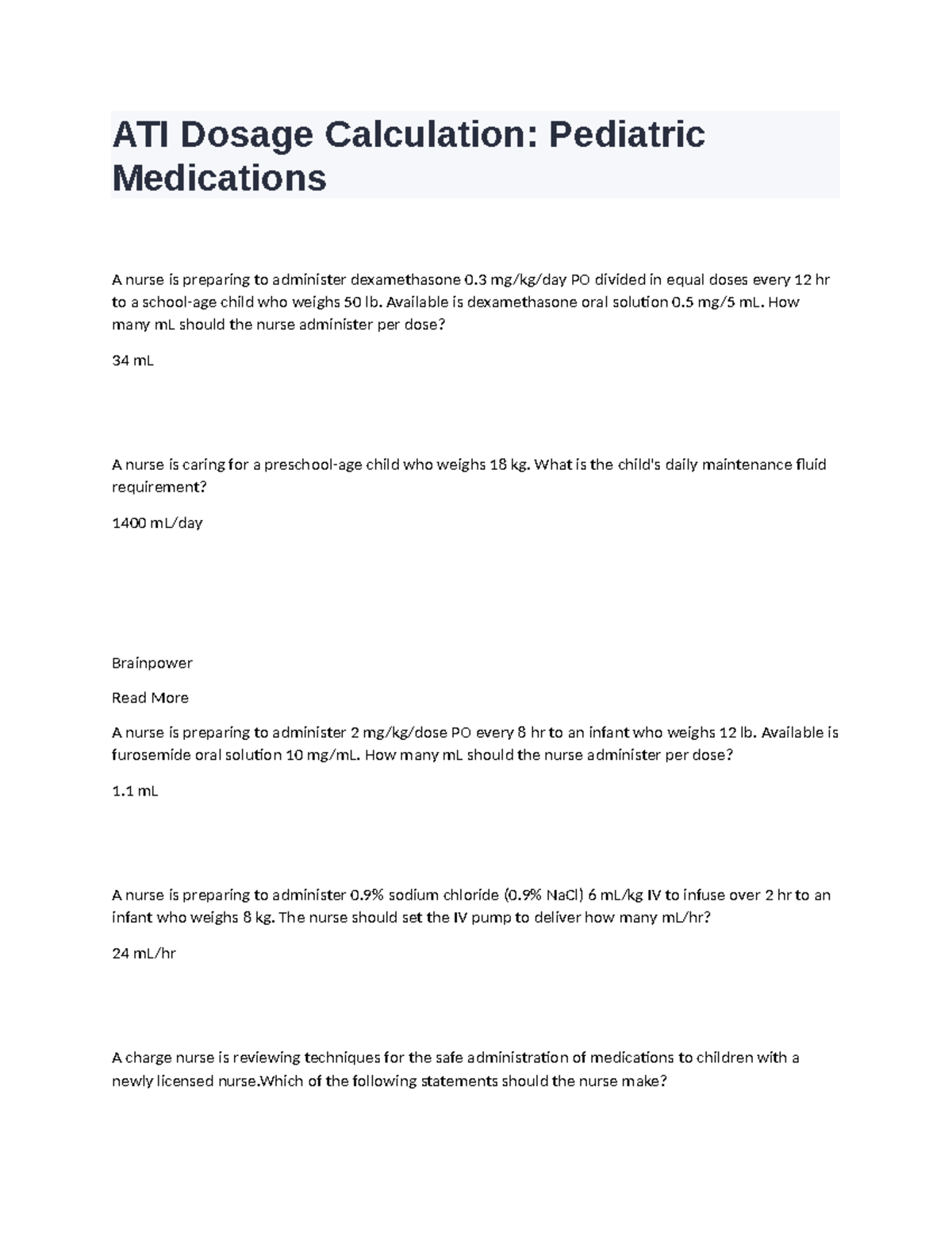 ATI Pediatric Dosage Calculation: Medication Administration Guide - Studocu