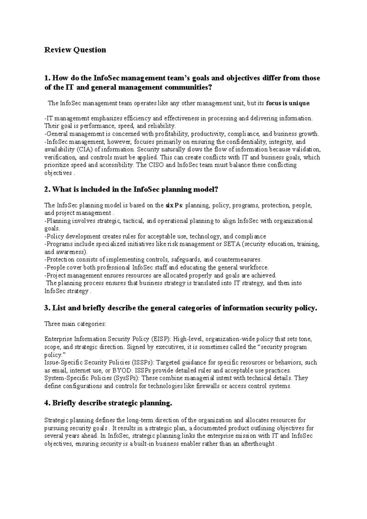 AISe K49 InfoSec Management Goals and Planning Overview - Studocu