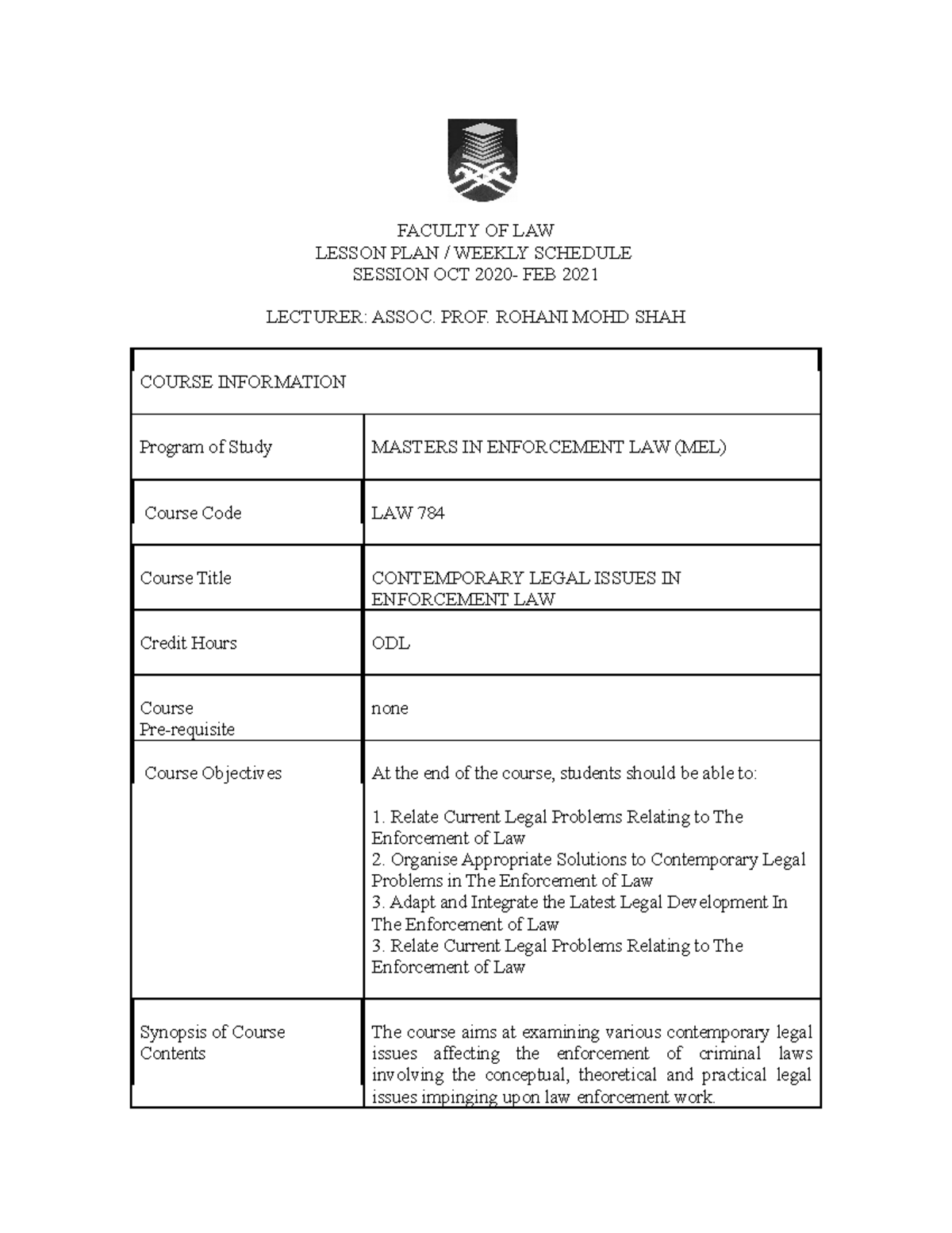 Lesson PLAN LAW784- OCT 2020 - FACULTY OF LAW LESSON PLAN / WEEKLY ...