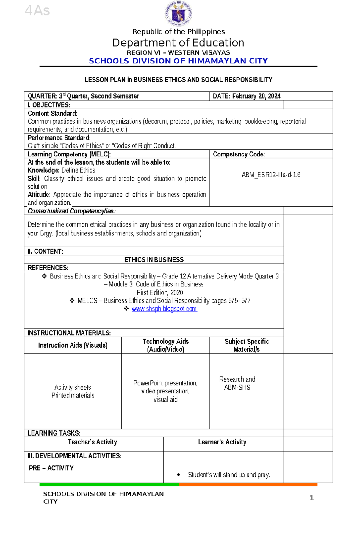 Lesson Plan: Business Ethics & Social Responsibility (CO BUS Ethics CO3 ...