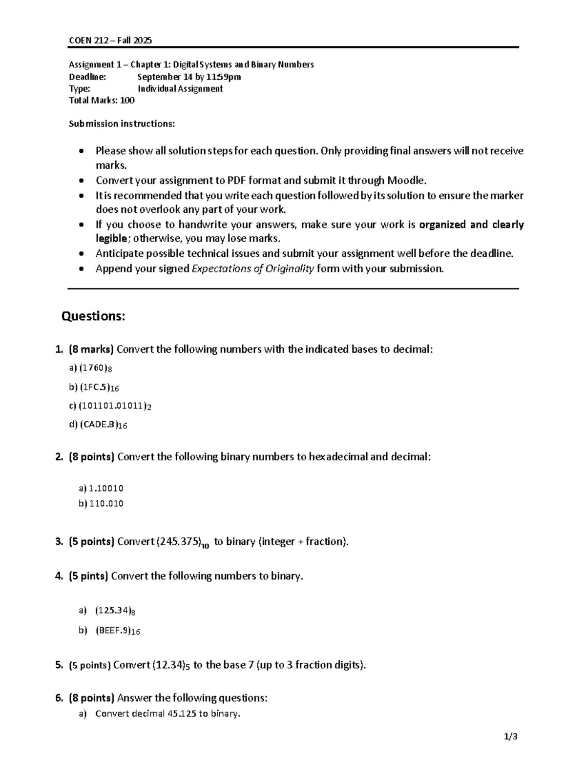 COEN 212 Fall 2025 Assignment 1: Digital Systems & Binary Numbers - Studocu