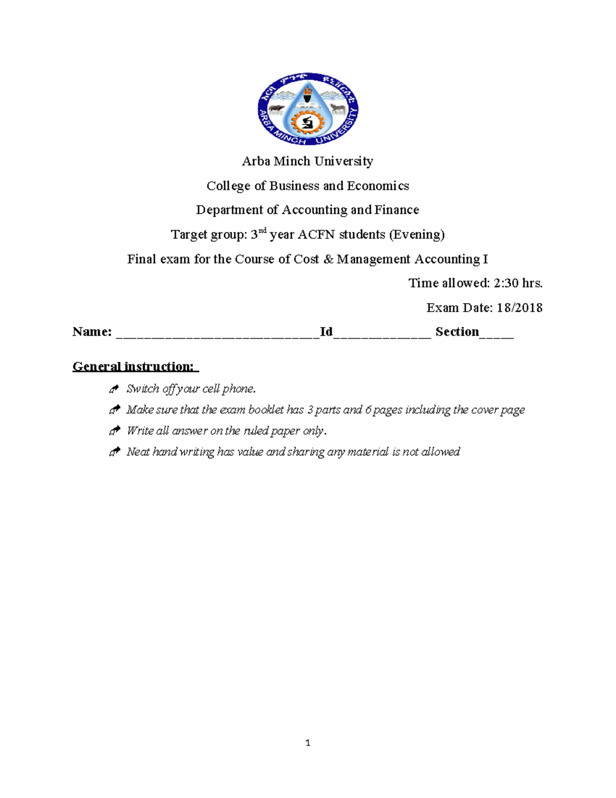 Cost Management Accounting I Final Exam ACFN 2018 - Studocu