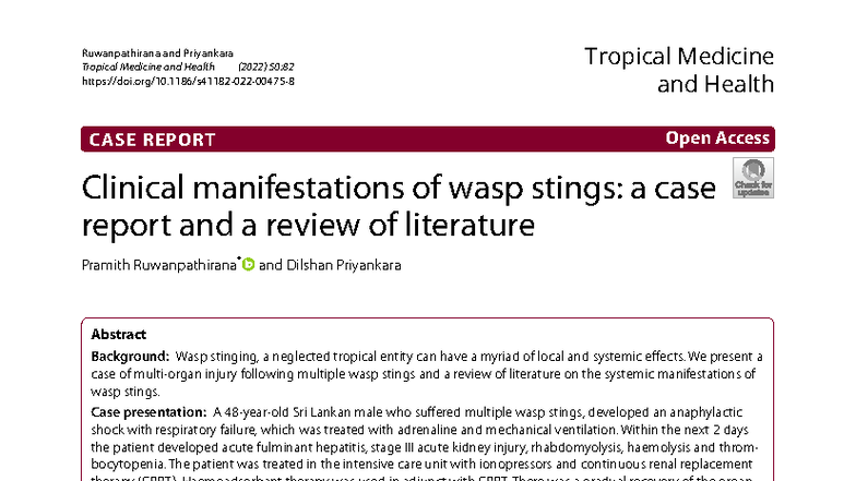 Clinical Manifestations of Wasp Stings: A Case Report and Review ...