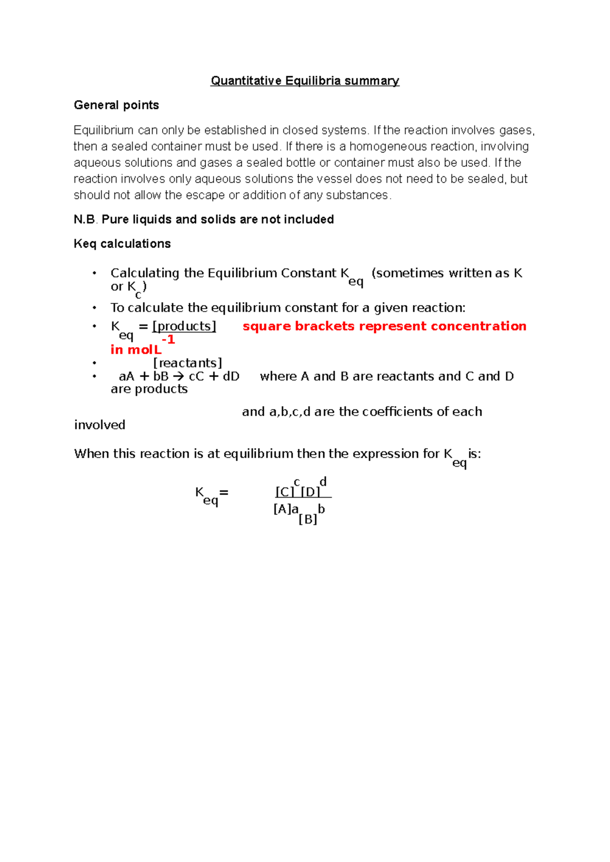 Equilibrium Summary: Key Points & Keq Calculations for Chem 101 - Studocu