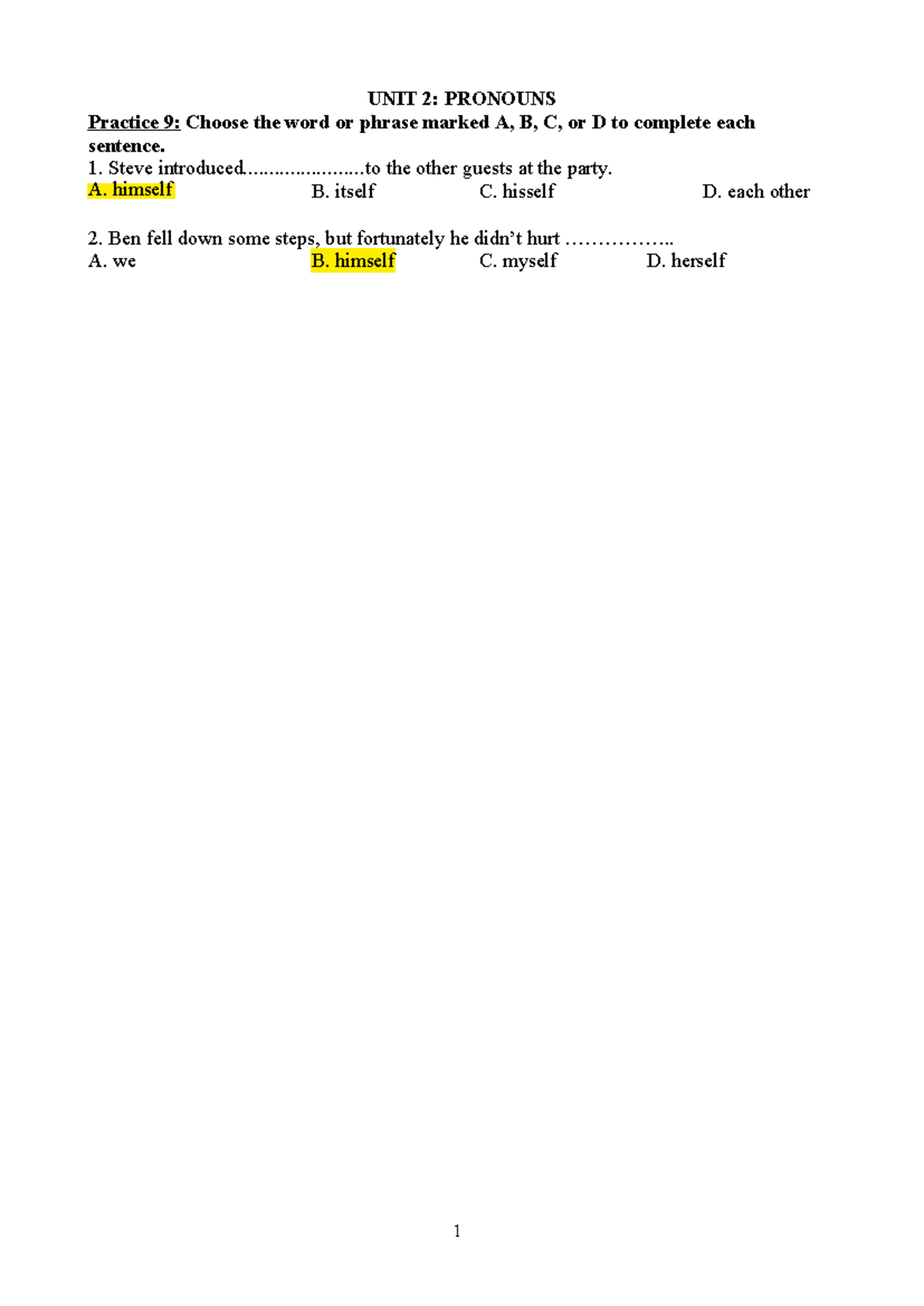 Unit 2: Pronouns Practice Exercises and Answers - Studocu