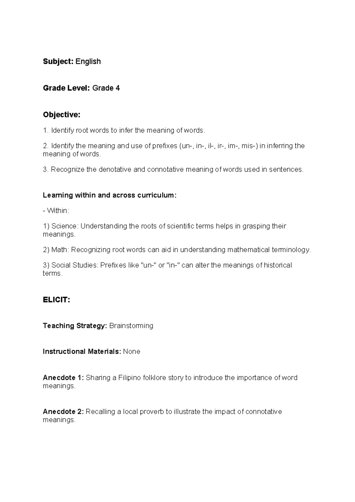 English Lesson Plan for Grade 4: Exploring Words (7Es) - Studocu