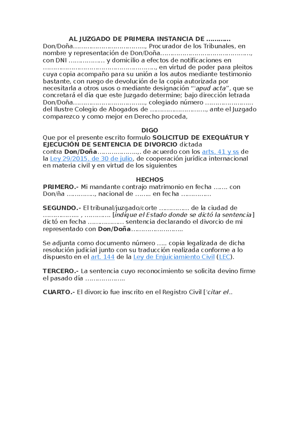 Solicitud de Exequatur para Ejecución de Sentencia de Divorcio - Studocu