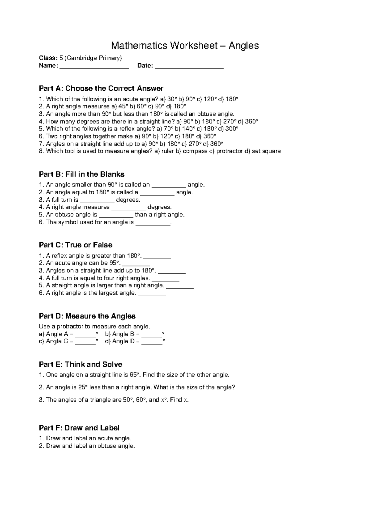 Class 5 Cambridge Mathematics Worksheet: Angles Activities - Studocu