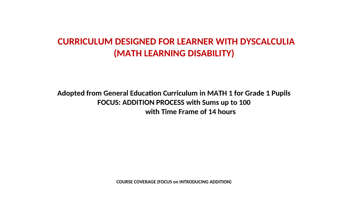 Curriculum Program Modification for Dyscalculia in Math 1 - Studocu