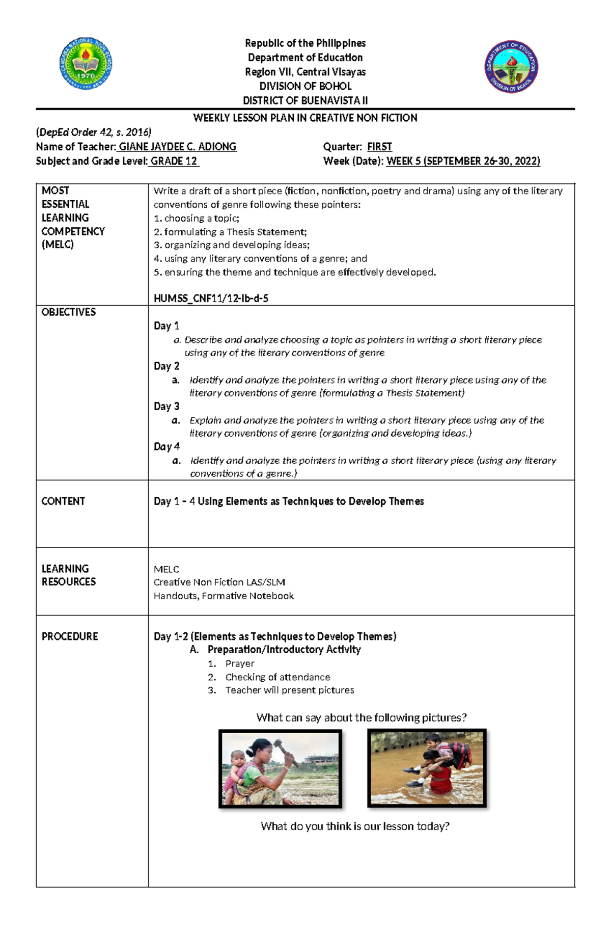 CNF 12 - WEEK 5 - Weekly Lesson Plan on Creative Nonfiction - Studocu