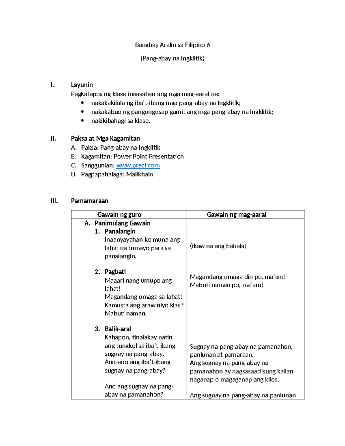 Banghay Aralin: Pang-abay na Ingklitik (Filipino 6) - Studocu