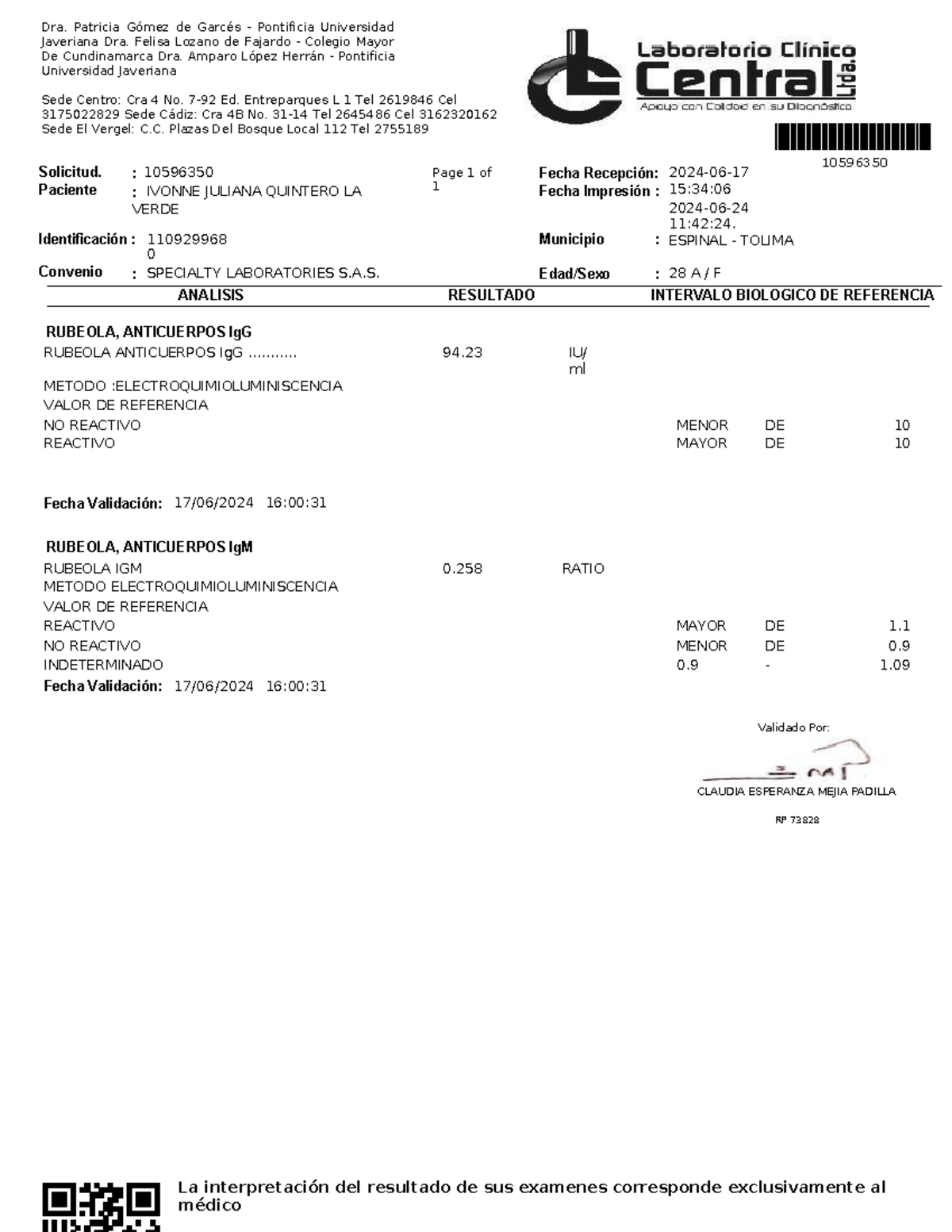 208180 Resultados de Anticuerpos de Rubeola para Paciente - Studocu