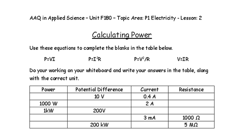 AAQ in Applied Science Unit F180: Electricity Lesson 2 - Power ...