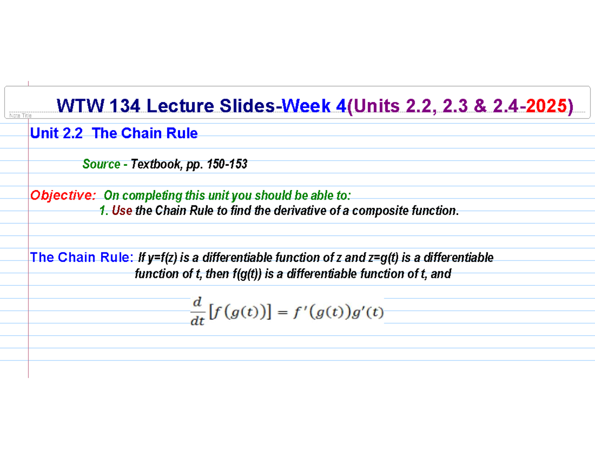 WTW 134 Lecture Slides - Week 4 (Units 2.2, 2.3 & 2.4-2025) - Unit 2 The Chain Rule Source ...