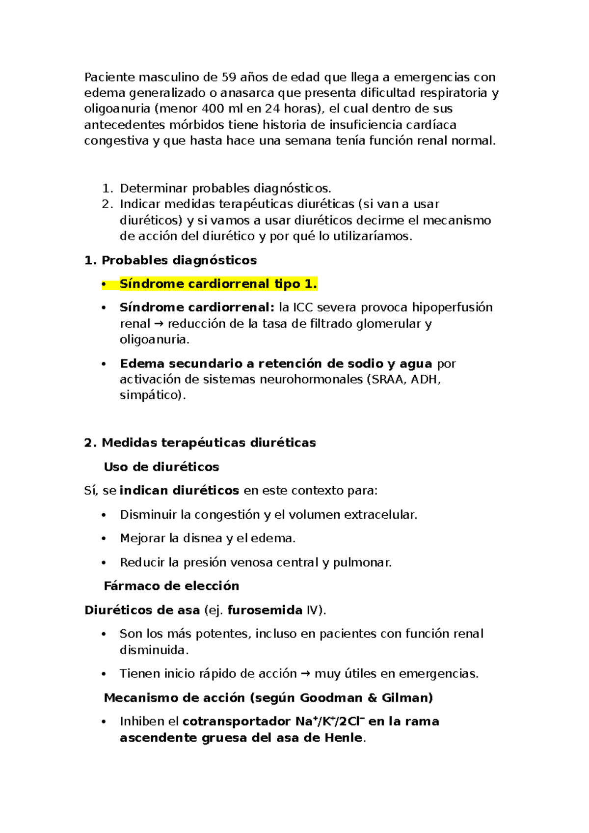 Diagnósticos y Tratamientos en Pacientes con Edema y Oligoanuria - Studocu