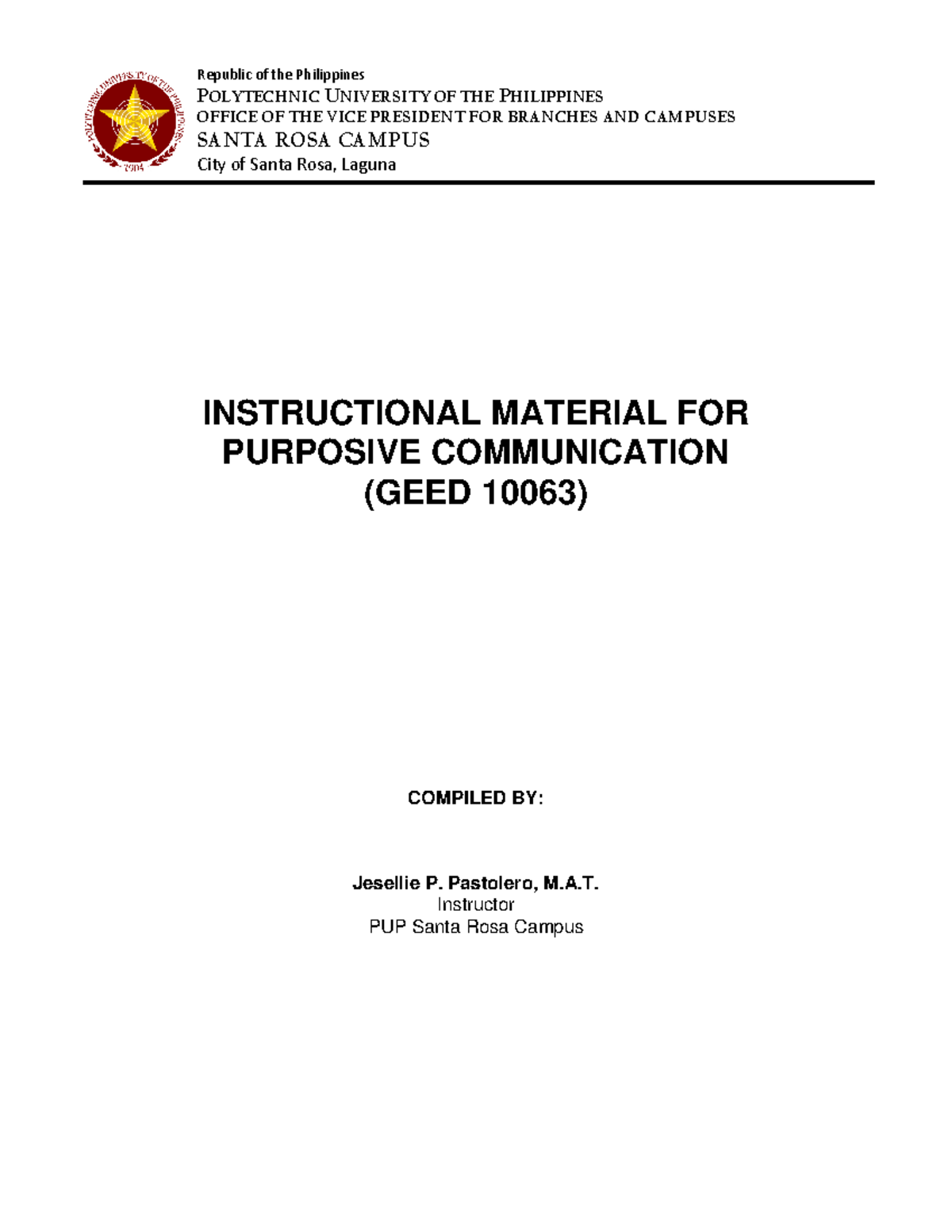 Purposive Communication GEED 10063 Course Materials and Overview - Studocu