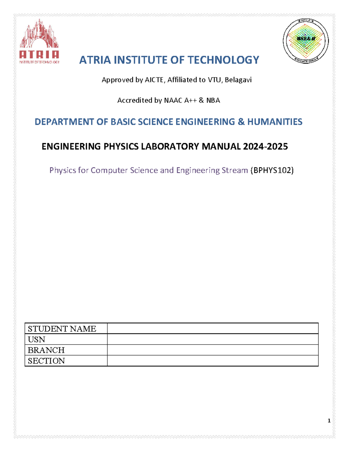 LAB Manual Editing - okay - ATRIA INSTITUTE Approved by AICTE, Affiliated to VTU, Belagavi - Studocu