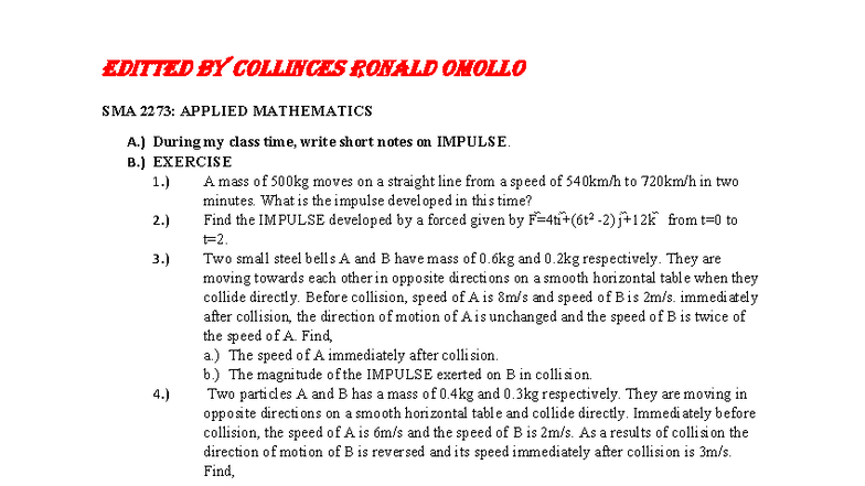SMA 2273: Applied Mathematics - Impulse Exercises and Notes - Studocu