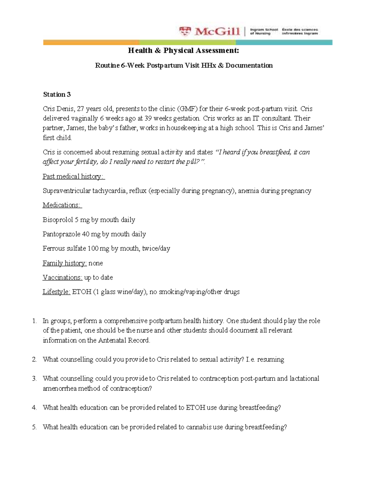 Health Physical Assessment: Postpartum Visit HHx Documentation - Studocu