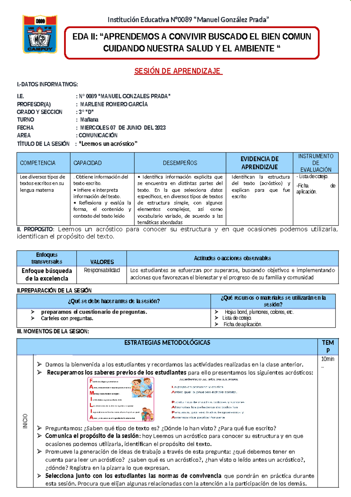 Lectura de Acrósticos en Comunicación - 3° Grado - I.E. N° 0089 - Studocu