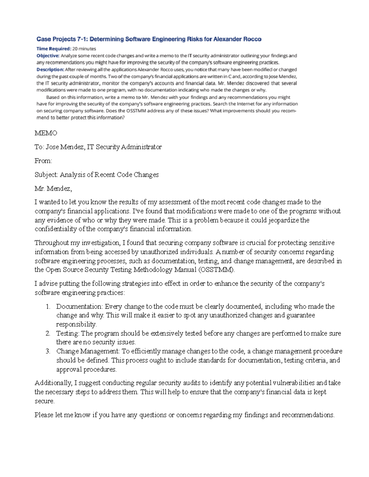 Module 7 Case 7-1 - IT Security Code Change Analysis Memo - Studocu