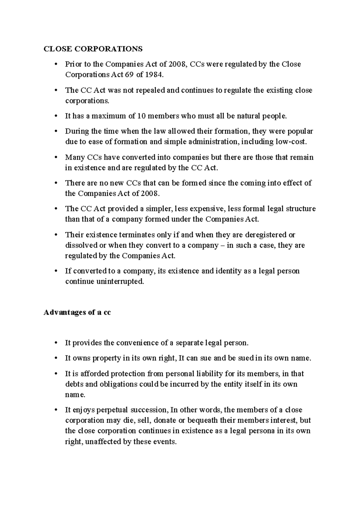 Close Corporations: Overview and Legal Framework (CC Amended) - Studocu