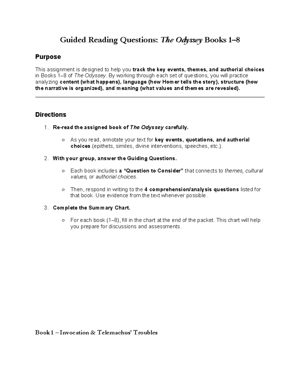 Guided Reading Questions for The Odyssey (Books 1-8) Assignments - Studocu