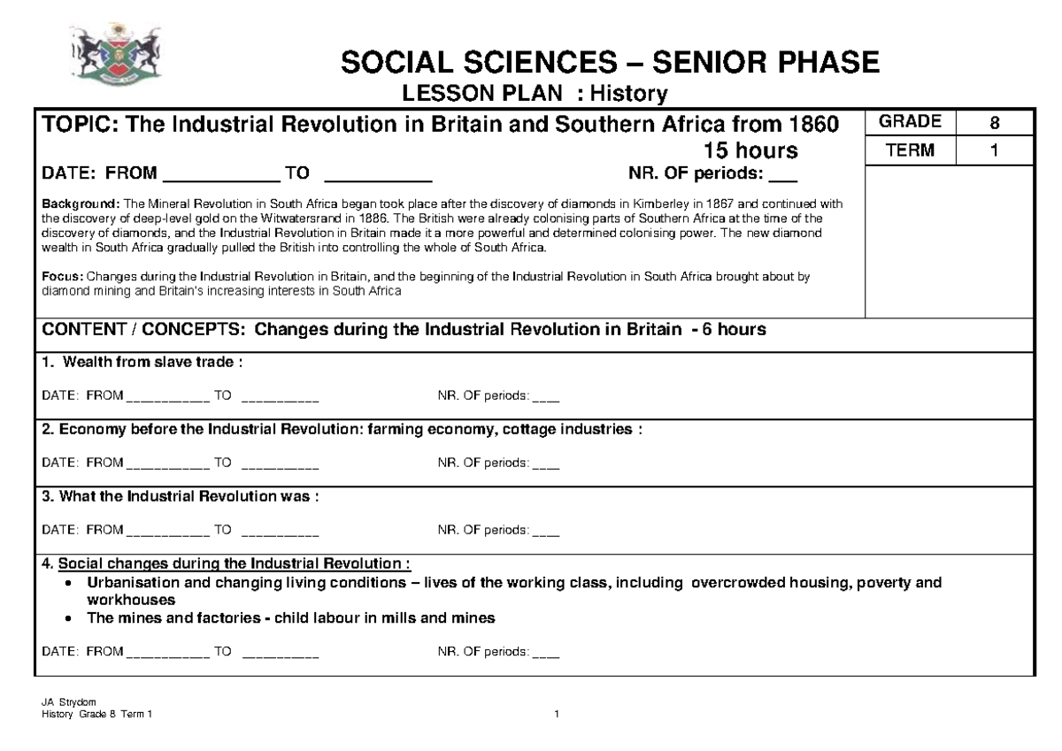 SOCIAL SCIENCES GRADE 8 TERM 1 LESSON PLAN: The Industrial Revolution ...