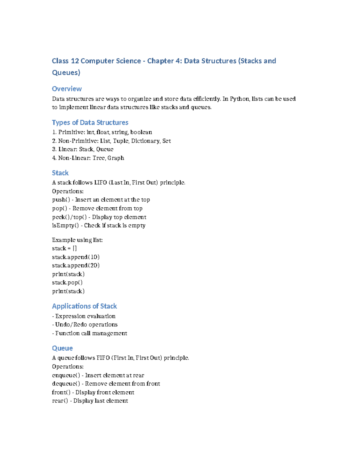 Class 12 CS Chapter 4: Overview of Data Structures (Stacks & Queues ...