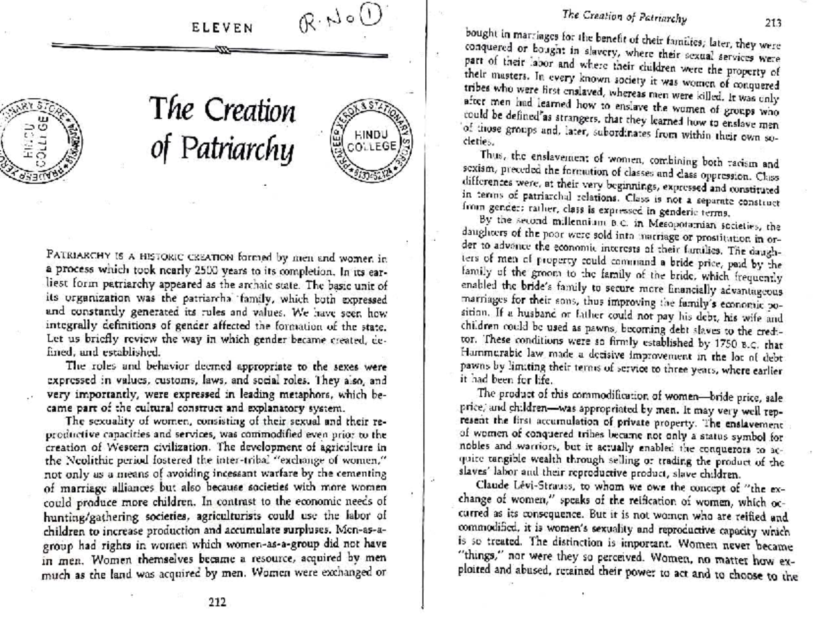 HINDU COLLEGE, ST O13046242: The Creation of Patriarchy Explained - Studocu