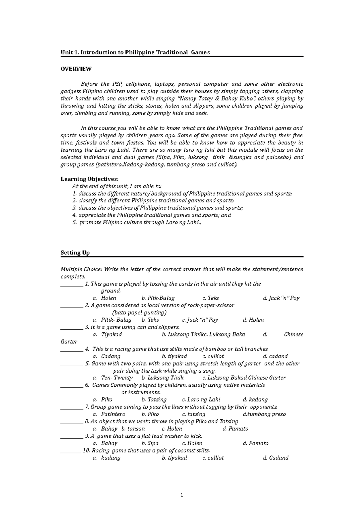 Laro ng lahi final edit - Unit 1. Introduction to Philippine ...