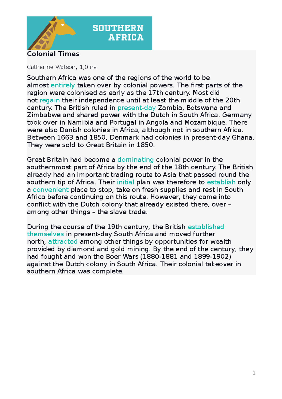 south Afrika er - Colonial Times Catherine Watson, 1,0 ns Southern ...