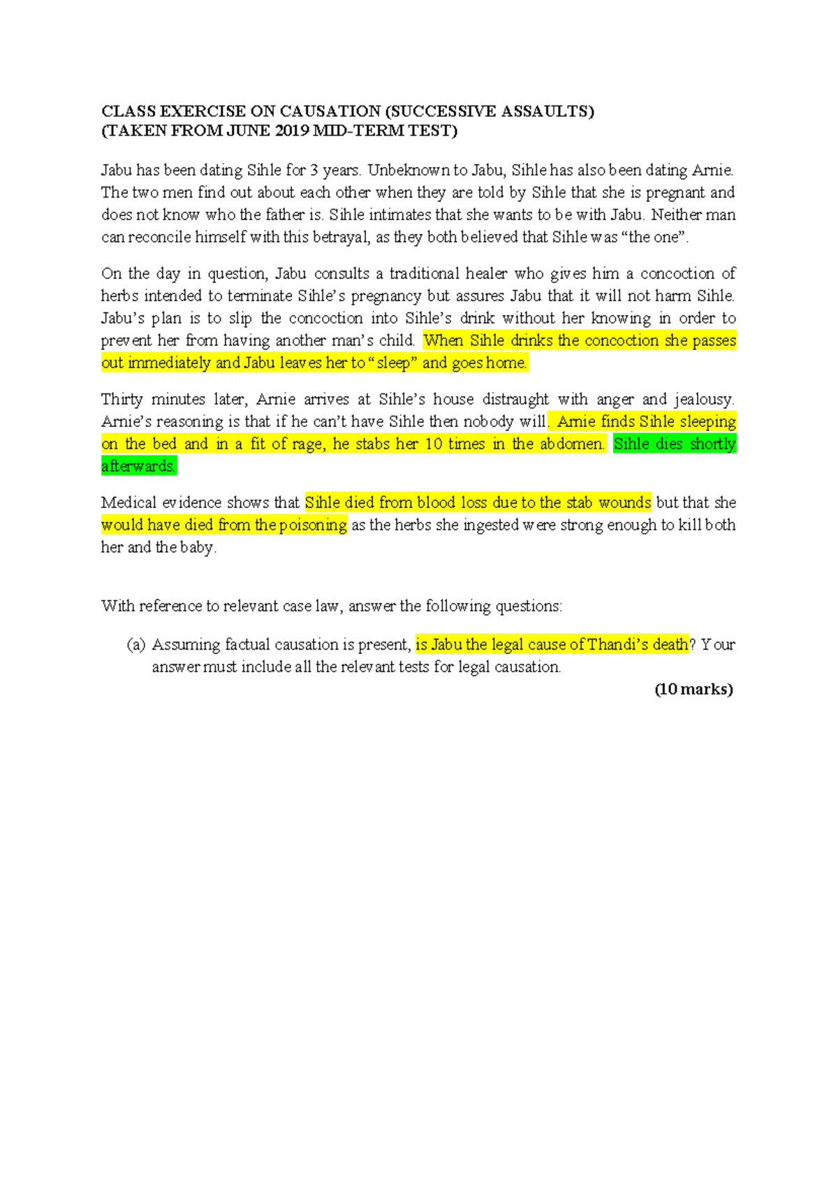 Class Exercise on Causation (Successive Assaults) - June 2019 Test ...