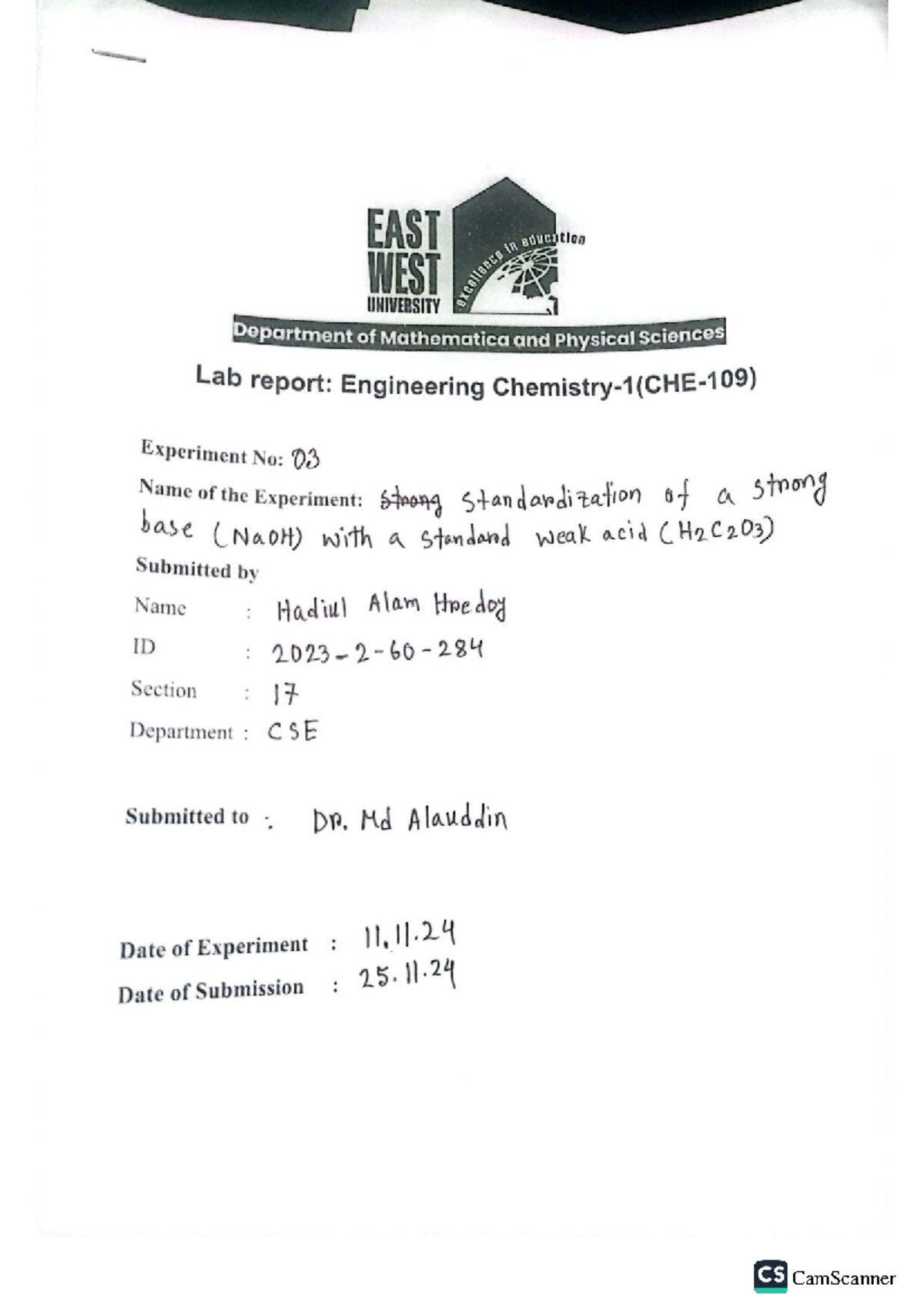 Standardization of NaOH with H2C2O4 - CHE 109 Lab Report - Studocu