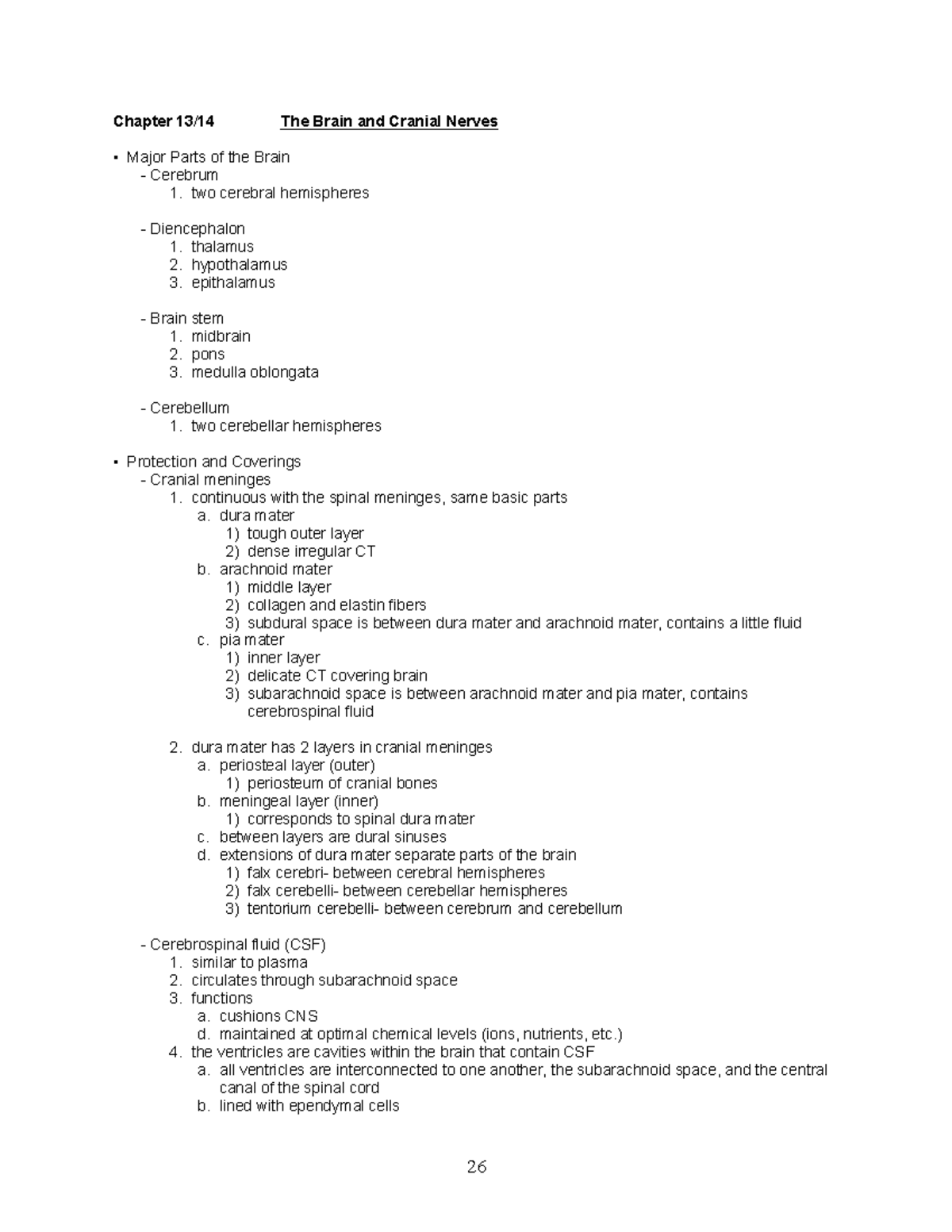 The Brain and Cranial Nerves Notes - Chapter 13/14 The Brain and ...