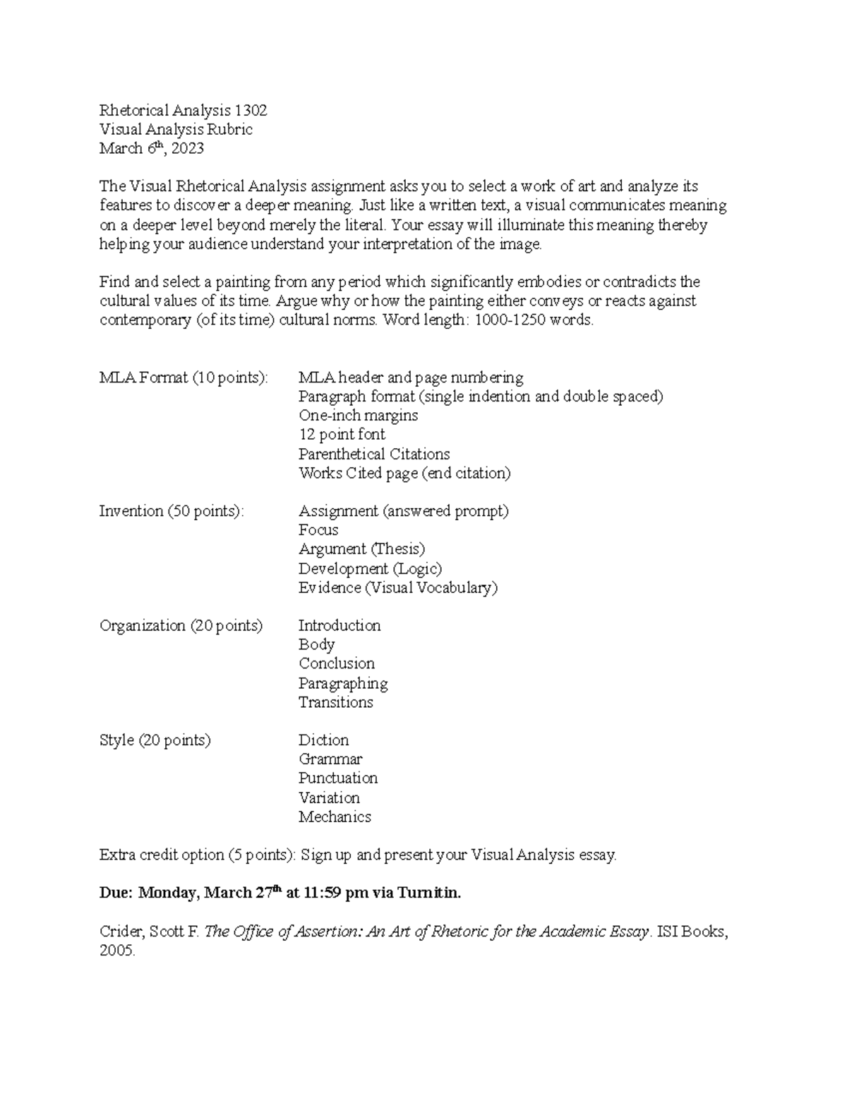 Rhetorical Analysis 1302: Visual Analysis Rubric for Art Essay - Studocu