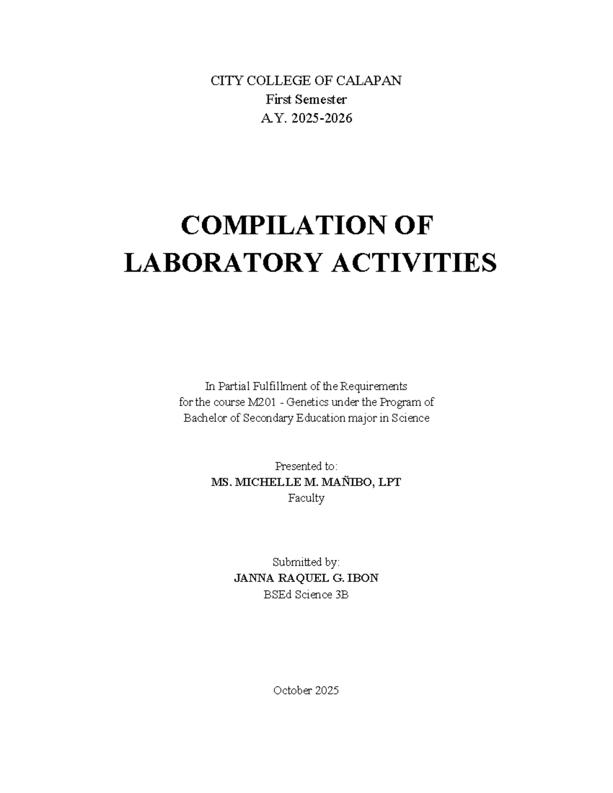 M201 Genetics Lab Activities Compilation - BSEd Science 3B - Studocu