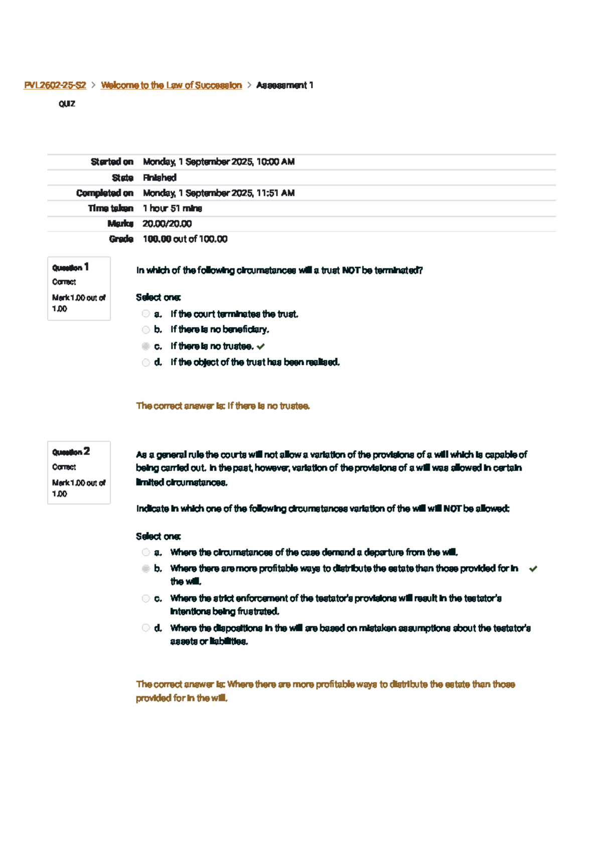 FUR2601 Law of Succession Assessment 1 Quiz Review - 100% Score - Studocu