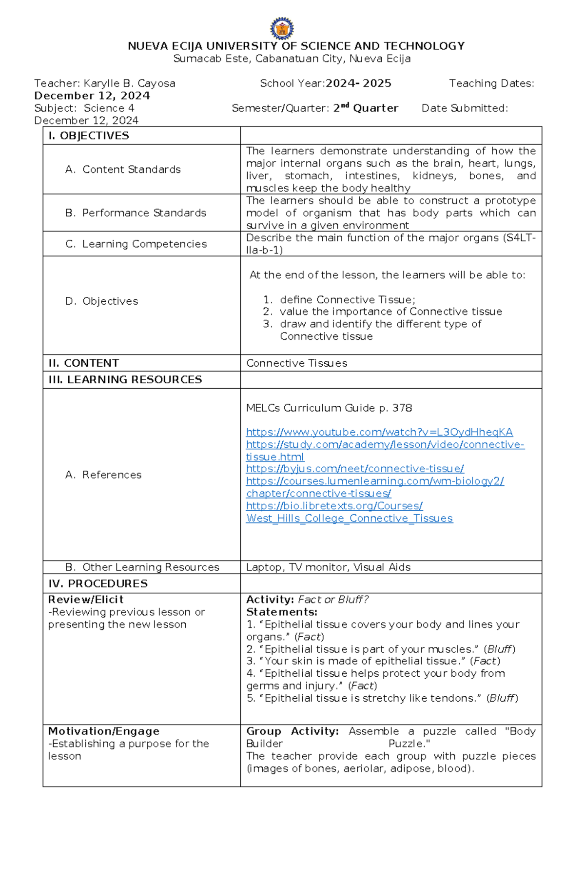 7es lesson plan science connective tissues - NUEVA ECIJA UNIVERSITY OF ...