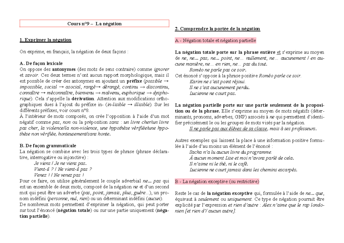Cours FRAN 101 : La Négation en Français - Concepts et Exemples - Studocu