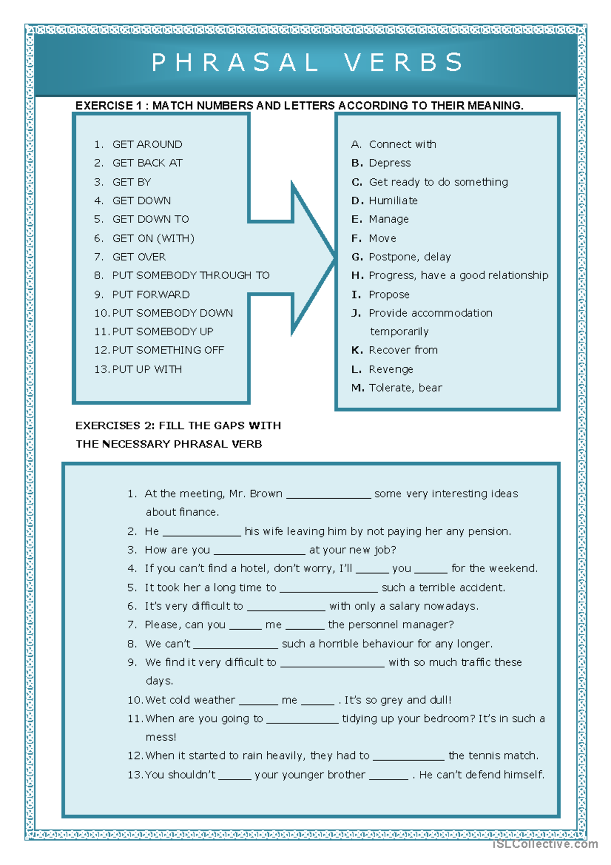 Phrasal Verbs Exercise: GET and PUT Matching & Fill-in-the-Gaps - Studocu