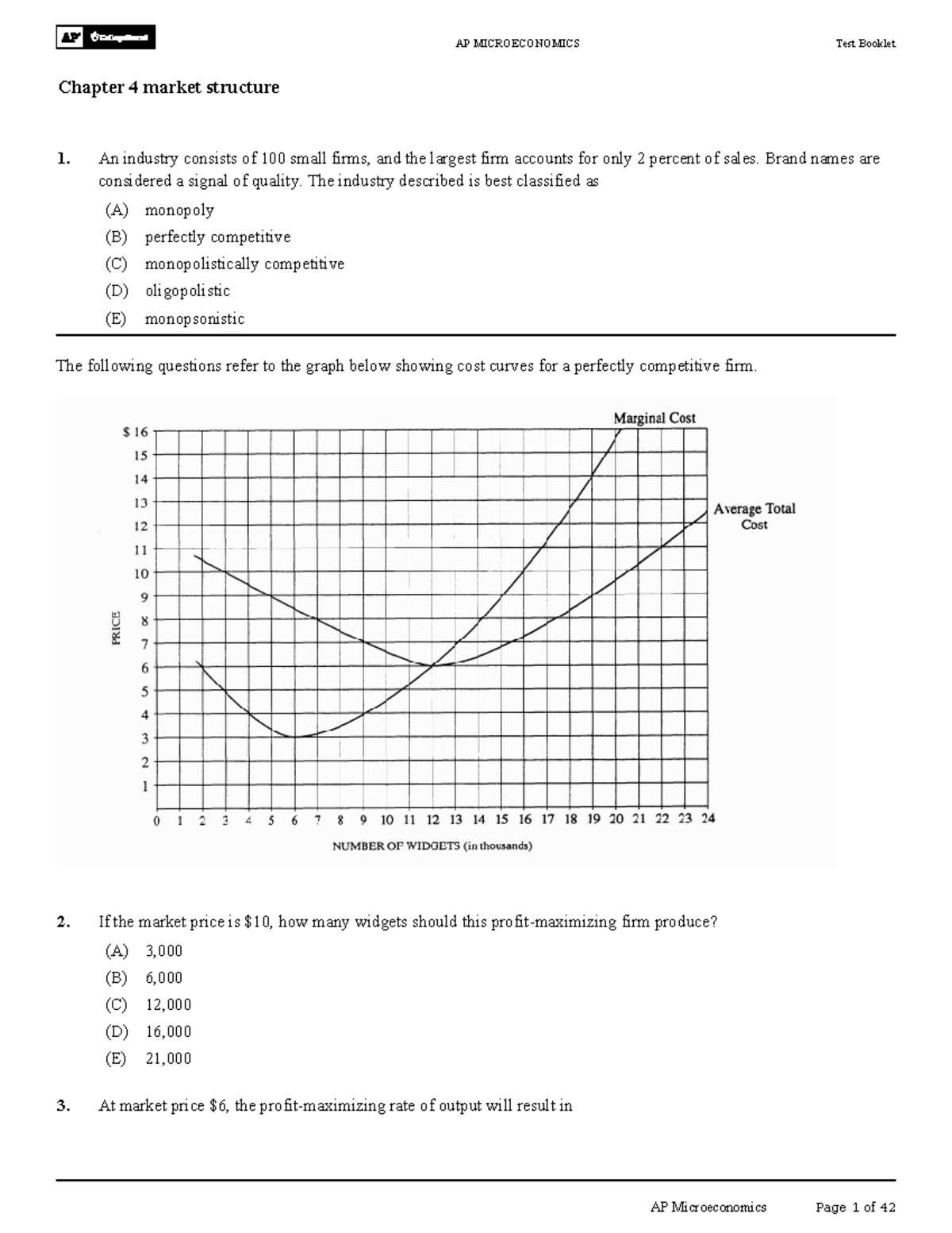 AP MICROECONOMICS Test Booklet: Chapter 4 Market Structure Insights ...