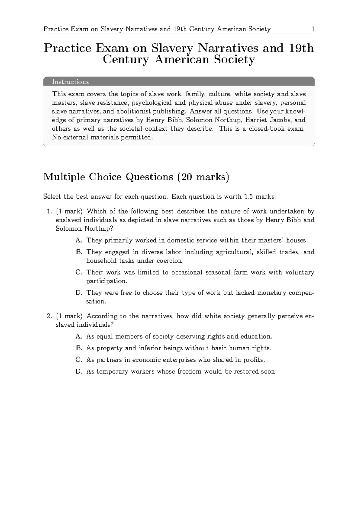 Practice Exam: Slavery Narratives & 19th Century American Society (GTS ...