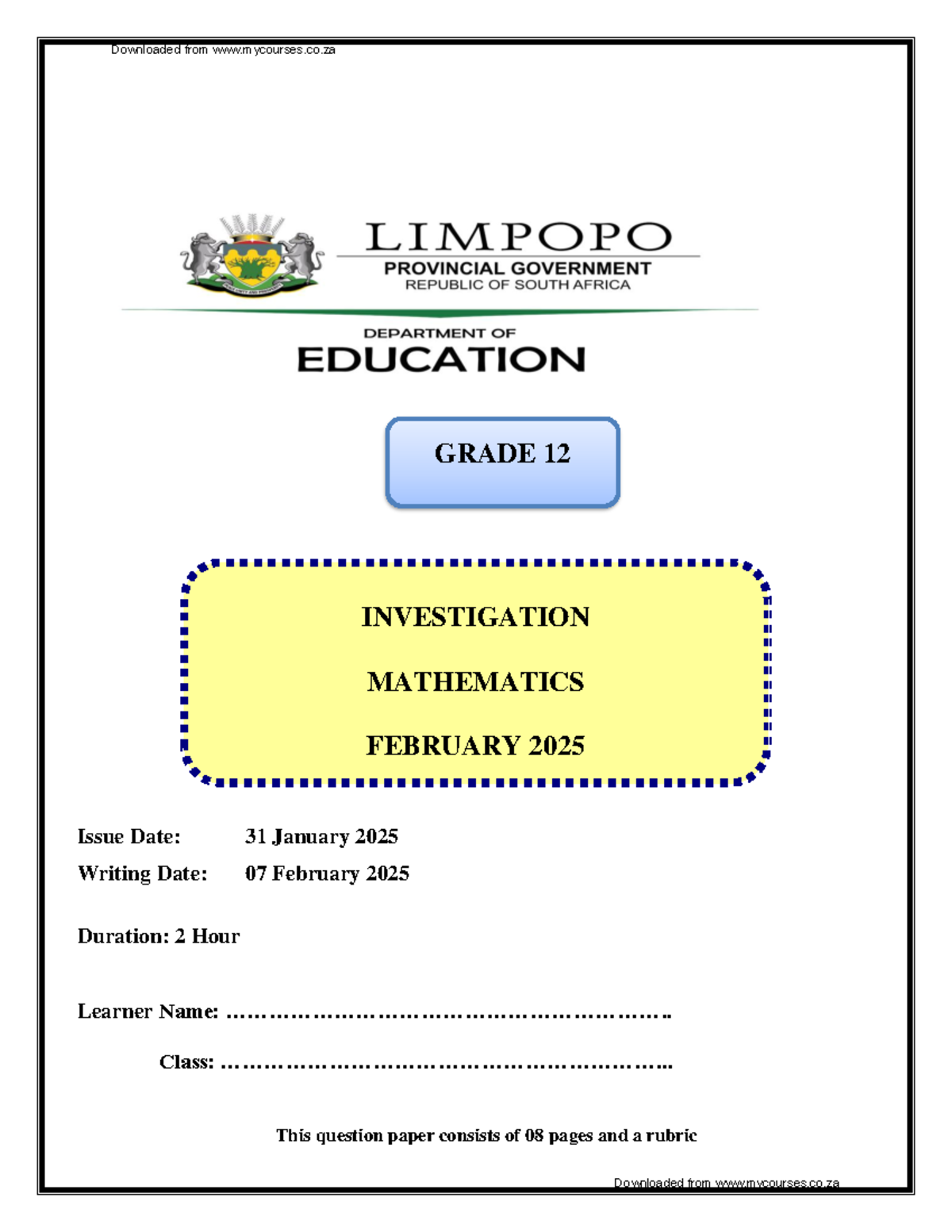 Grade 12 Mathematics Investigation - Term 1 2025 (MyCourses) - Studocu