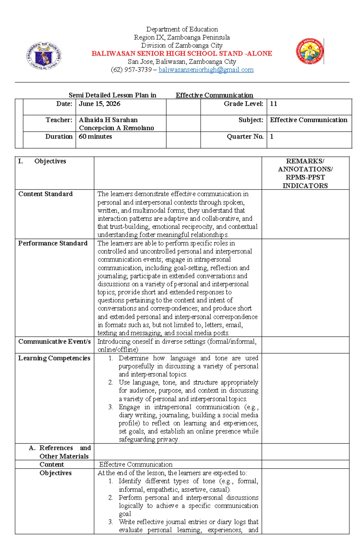 Q1 LC1 BSHS - Semi-Detailed Lesson Plan on Effective Communication ...