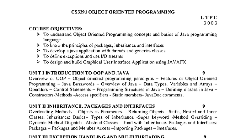 CS3391 Object Oriented Programming Syllabus Overview - Studocu