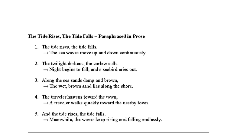 The Tide Rises, The Tide Falls: Prose Paraphrase - BB HGB - Studocu