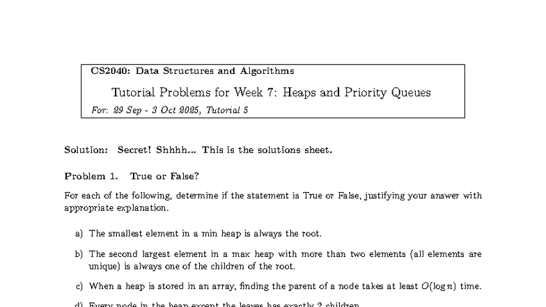 Tut5 cs2040 soln - Week 7 tutorial solution - CS2040: Data Structures ...