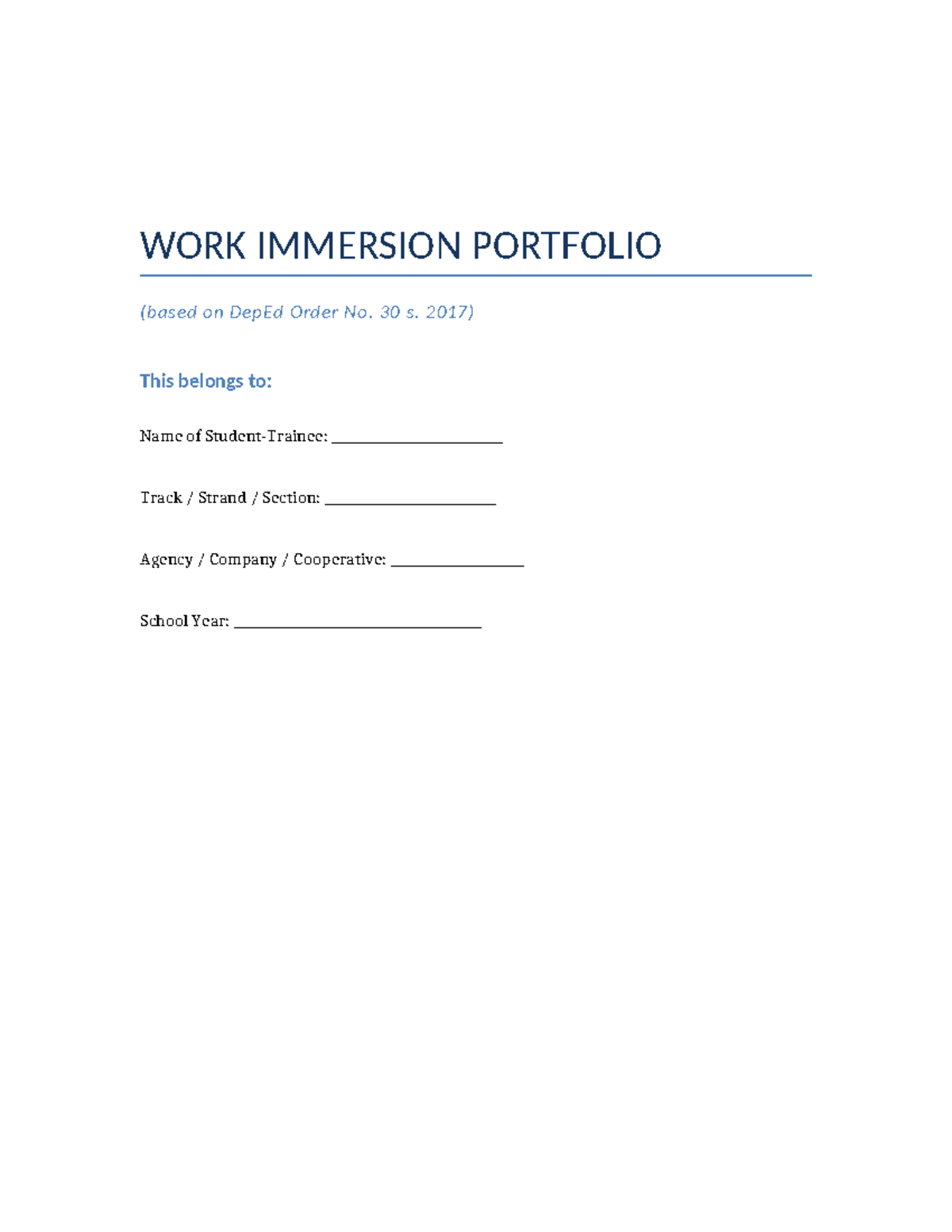 Work Immersion Portfolio - WORK IMMERSION PORTFOLIO (based on DepEd ...