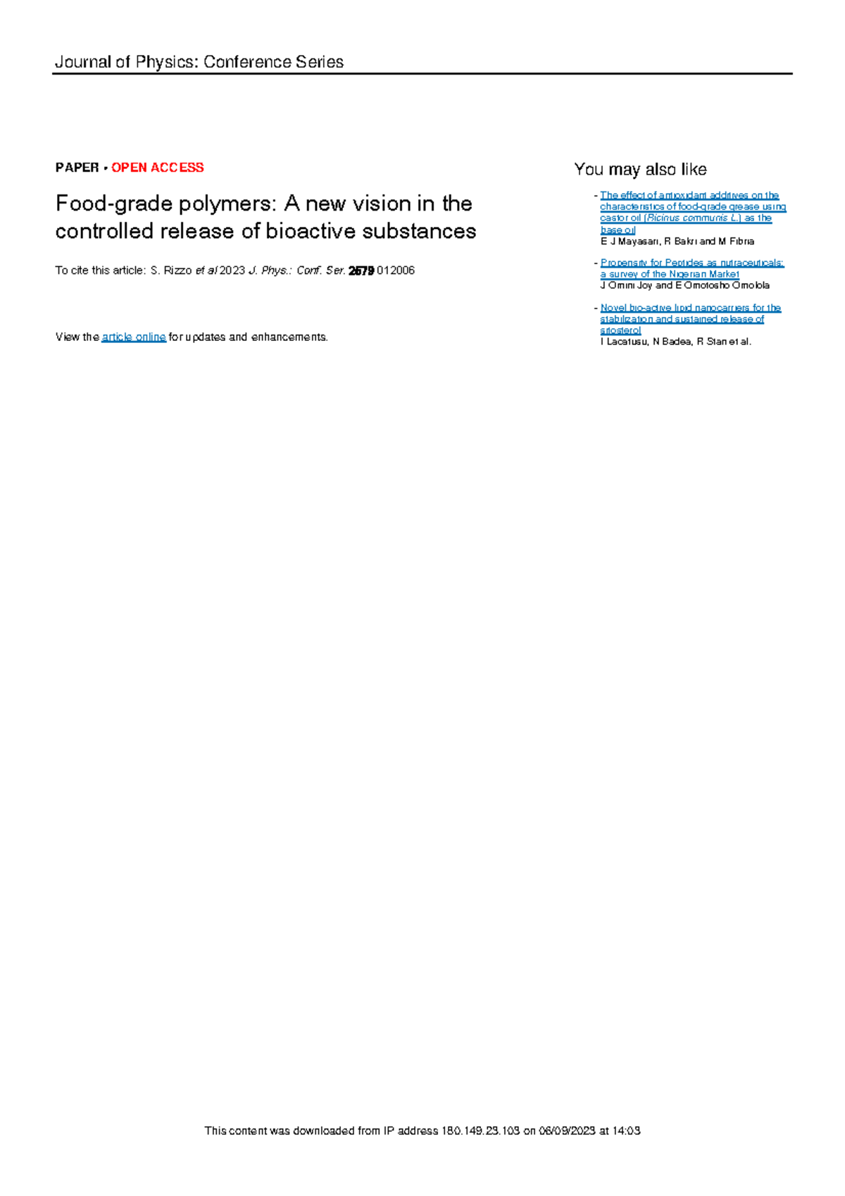 Food-grade polymers A new vision in the controlled - Journal of Physics ...